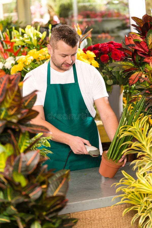 Florist Man Reading Barcode Potted Plant Shop Stock Image - Image of ...