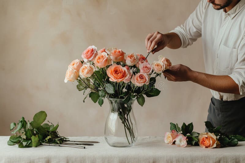 Florist at Work Assembling Rose Bouquet in Glass Vase, Surrounded by ...