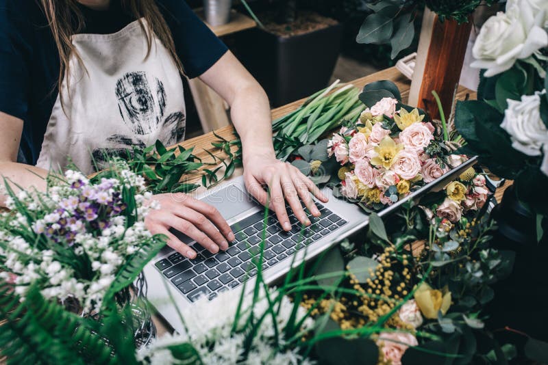 Florist Working on the Workspace in Flower Shop T Stock Image - Image ...