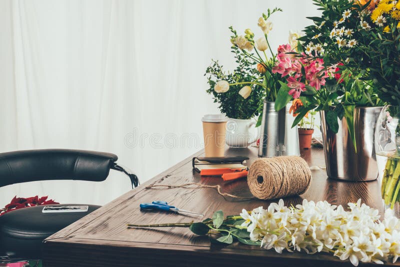 Florist Working Table with Flowers Stock Image - Image of surface ...