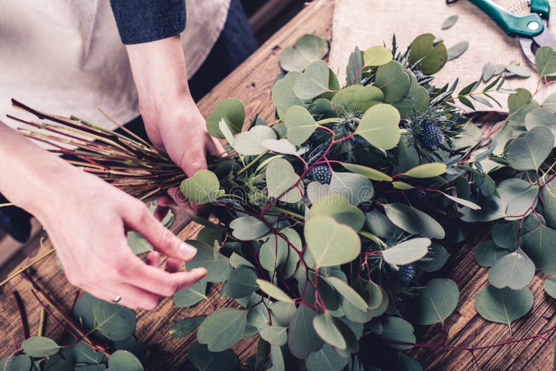 Florist Working on the Workspace in Flower Shop T Stock Image - Image ...