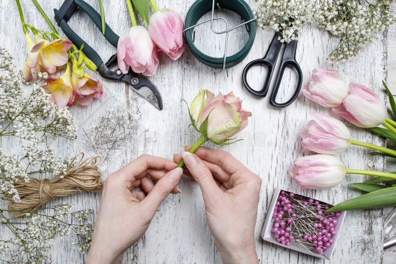 Florist Workplace: Flowers and Accessories Stock Photo - Image of ...