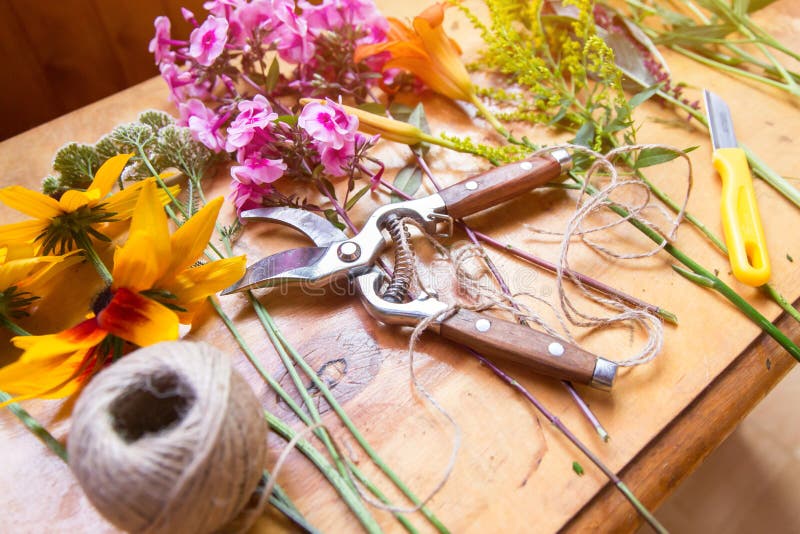 Florist Workplace. Flowers and Tools To Create a Bouquet Stock Image ...