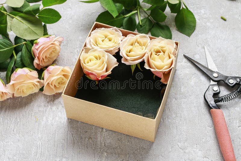 Florist Workplace: How To Make Box with Flowers, Step by Step Stock ...