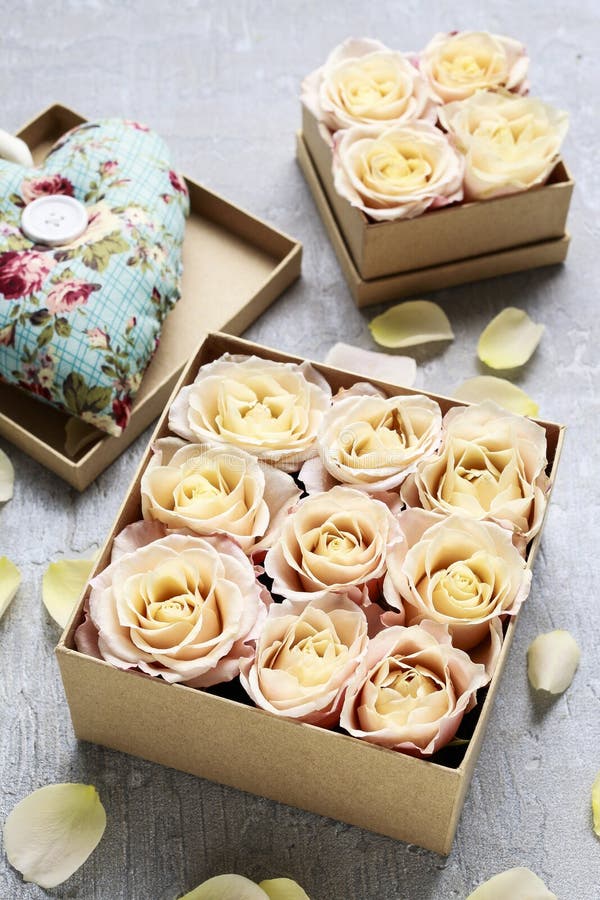 Florist Workplace: How To Make Box with Flowers, Step by Step Stock ...