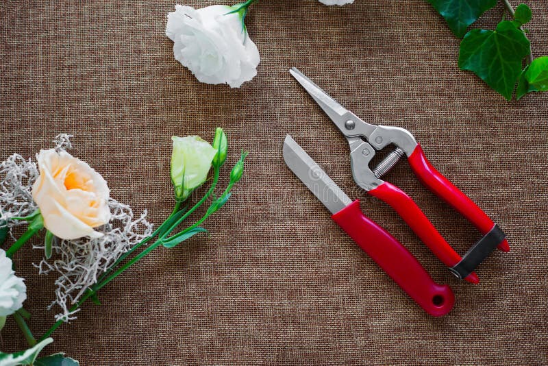 Florist Workplace. Tools and Accessories. Stock Photo - Image of ...