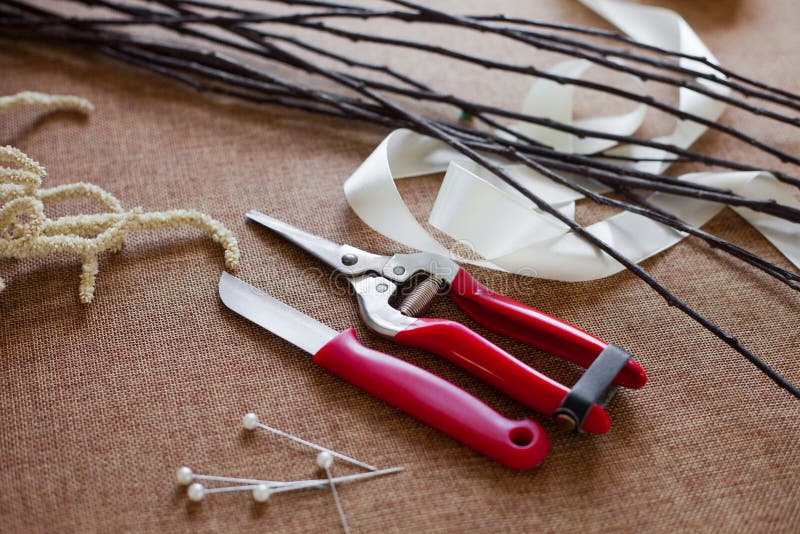 Florist Workplace. Tools and Accessories. Stock Image - Image of brown ...