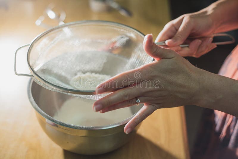 Flour Being Sifted into Mixing Bowl Stock Image - Image of handmade ...