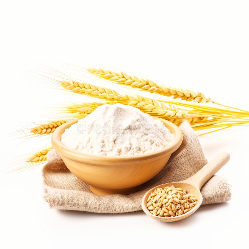 Flour in Bowl with Wheat Ears Isolated on White Background Stock Image ...
