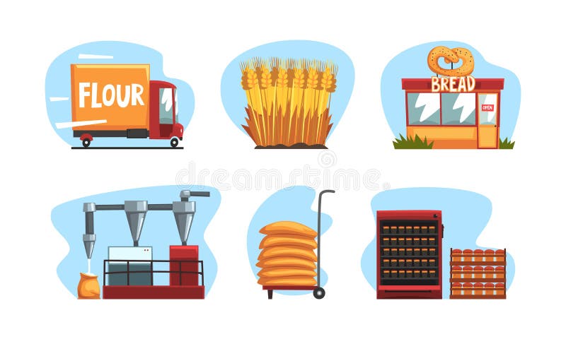 Flour and Bread Production Set. Wheat Harvesting, Processing, Packaging ...