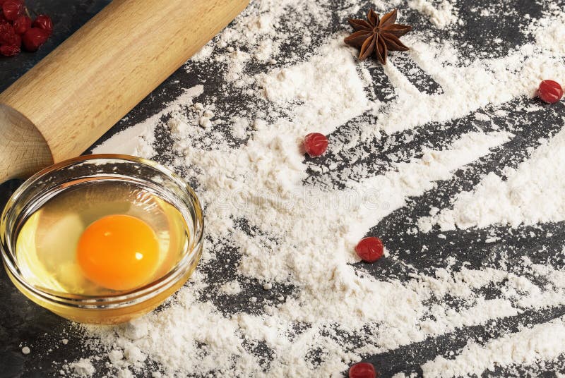 Flour, Chicken Egg and Wooden Rolling Pin Stock Image - Image of flour ...