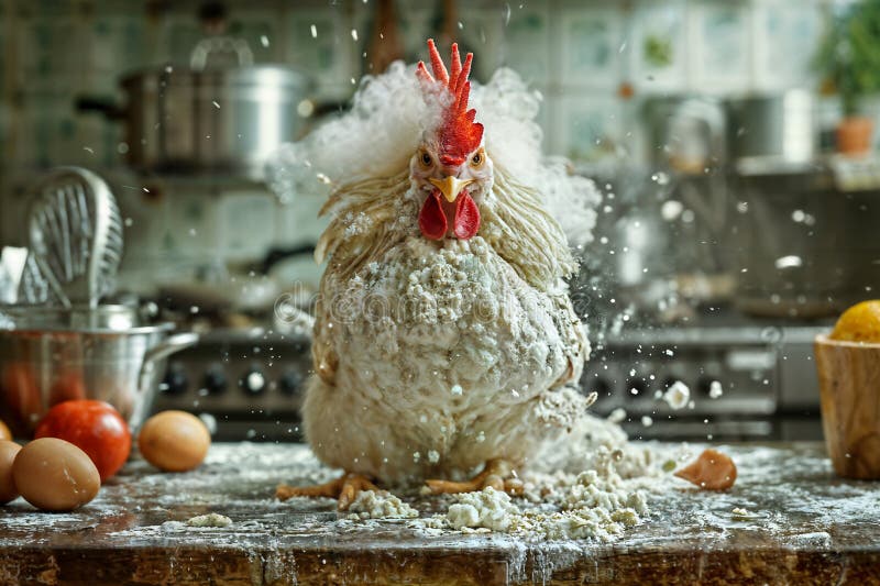 Flour-Covered Rooster in Kitchen. Created with Generative AI Stock ...