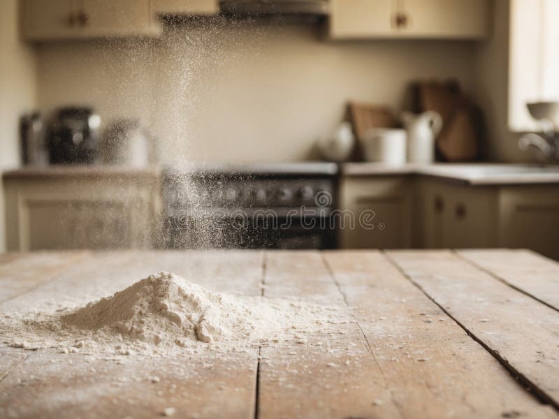 Flour Dust Empty Wooden Table in Kitchen. Stock Photo - Image of stove ...
