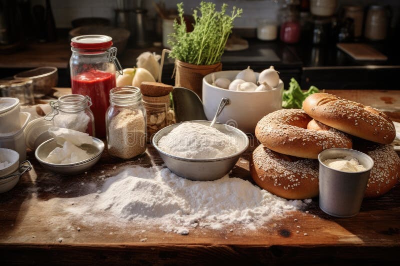 Flour-dusted Countertop with Bagel Ingredients Stock Illustration ...