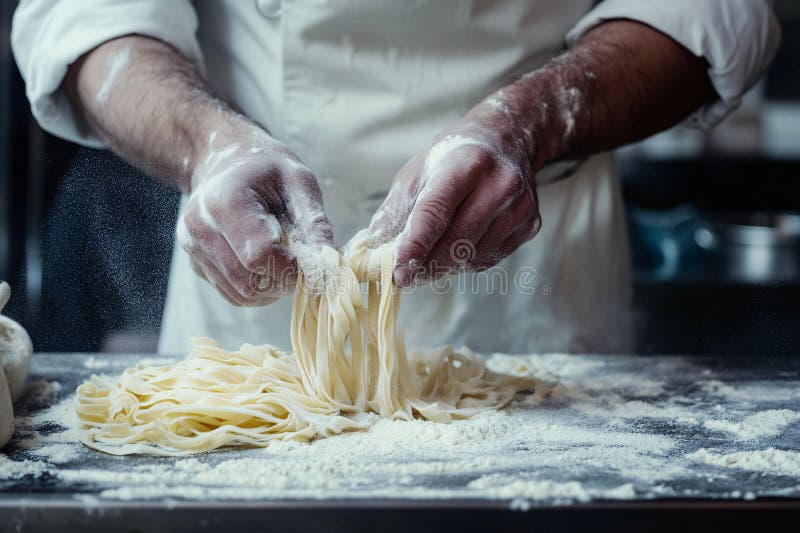 With Flour Dusting the Work Surface, an Italian Chef in a White Apron ...