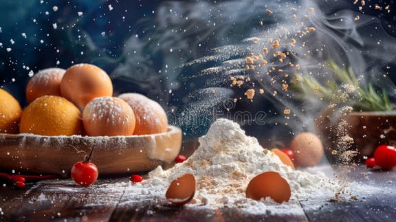Flour, Eggs, and Ingredients for Baking in a Dynamic Splash Effect ...
