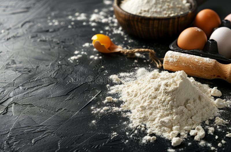 Flour, Eggs, and Rolling Pin on Black Surface Stock Photo - Image of ...