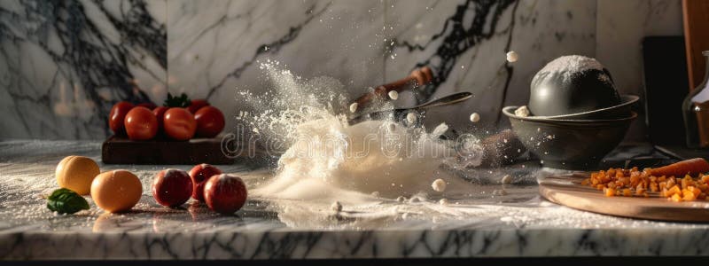 Flour Explosion in a Marble Kitchen Setting Stock Photo - Image of ...
