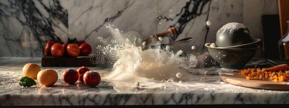 Flour Explosion in a Marble Kitchen Setting Stock Photo - Image of ...