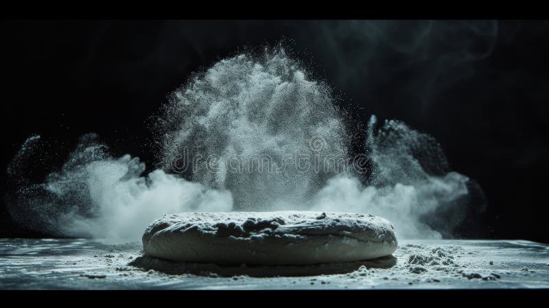 Flour Explosion Over Dough Ball on Dark Surface Stock Image - Image of ...
