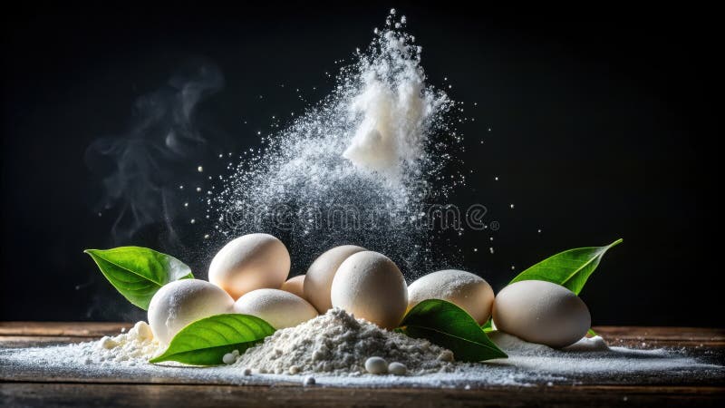 Flour Explosion Over Fresh Eggs and Leaves on Wooden Surface ...