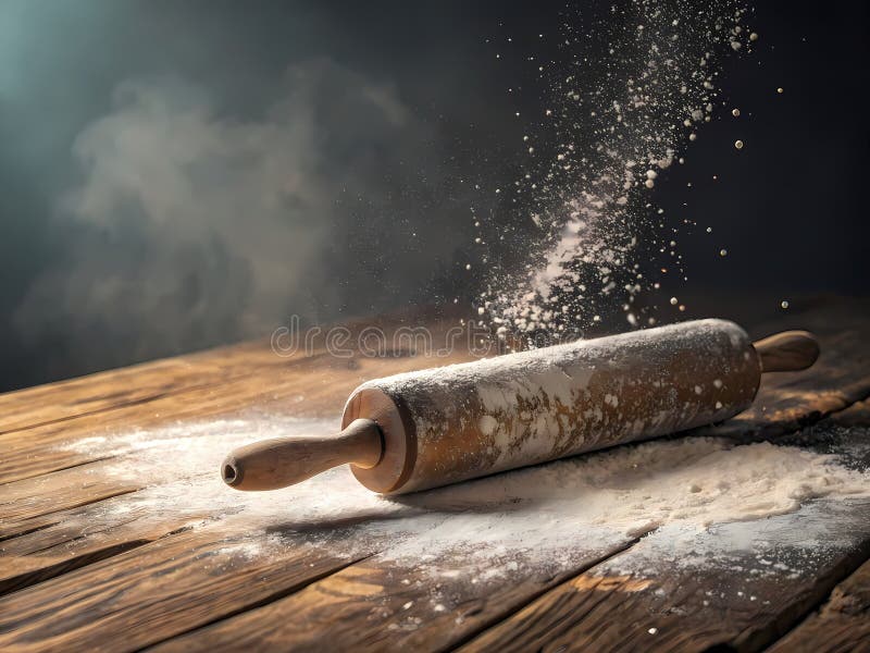 Flour Falling on Wooden Rolling Pin on Rustic Table Stock Image - Image ...