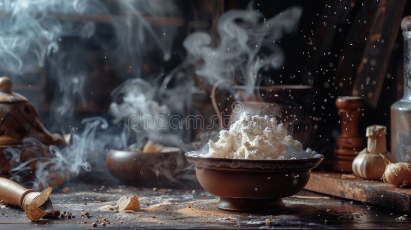 Flour with Flying Particles and Smoke in Rustic Kitchen Stock Image ...