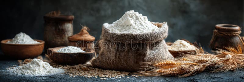 Flour and Grains Displayed on a Stone Table with Soft Top Light ...