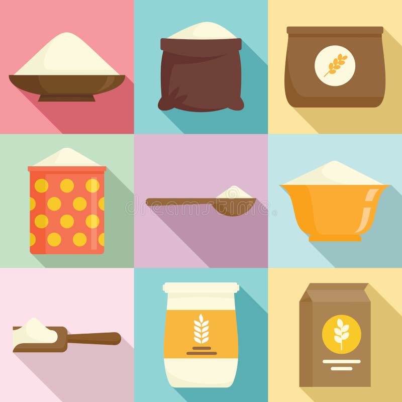 Flour Icons Set, Flat Style Stock Vector - Illustration of ingredient ...