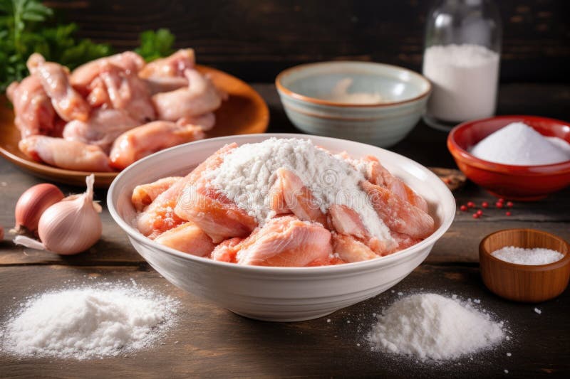 Flour Mix in a Bowl beside Raw Marinated Chicken Stock Photo - Image of ...