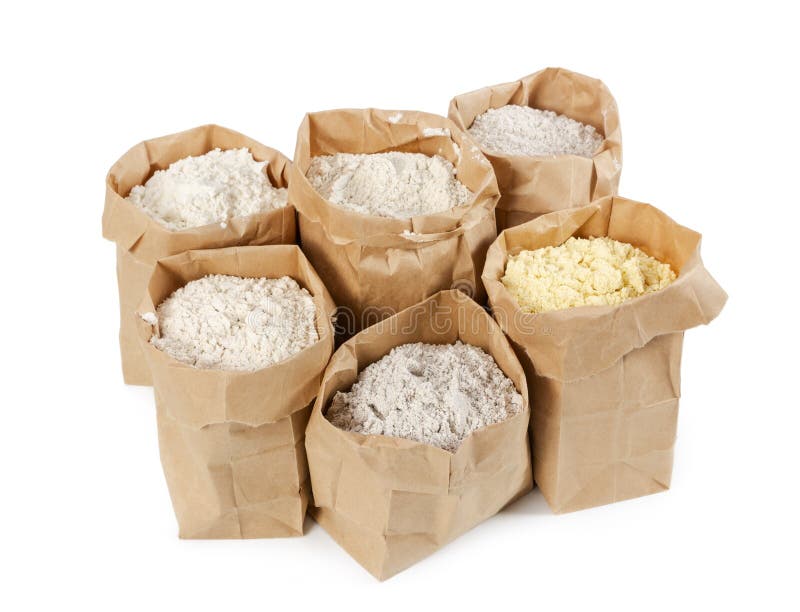Flour and Flour Mixture in Paper Bags Isolated on White Stock Photo ...
