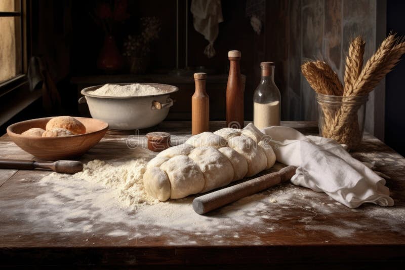 Flour, Rolling Pin, and Dough on a Kitchen Counter Stock Illustration ...