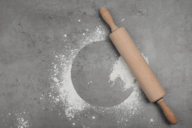 Flour and Rolling Pin on Light Grey Table. Space for Text Stock Photo ...