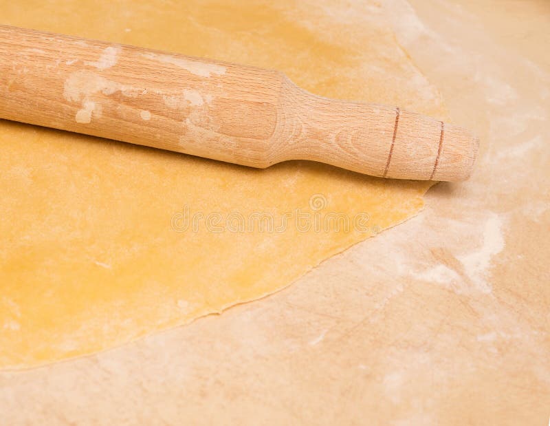 Flour, Rolling Pin and Rolled Dough Stock Photo - Image of bread ...