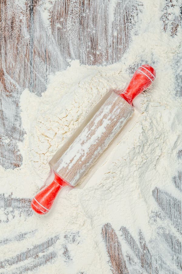 Flour and Rolling Pin on Wooden Table Stock Photo - Image of concept ...