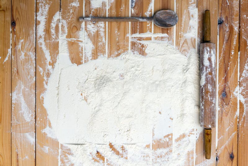 Flour Scattered on the Wooden Table. Flour on the Table Surface. Baking ...