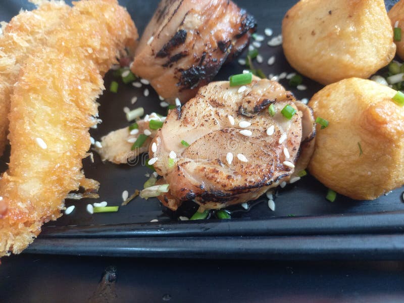 Flour Shrimp, Grilled Fish and Sausages Stock Image - Image of steak ...