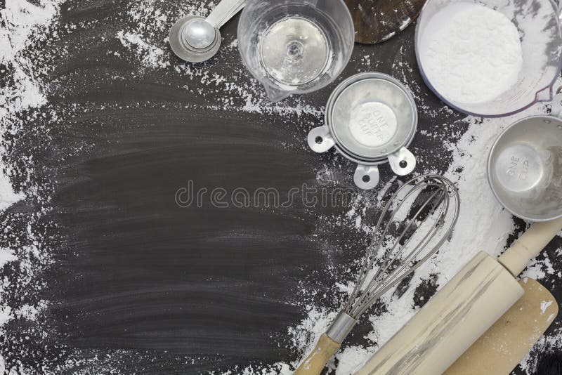 Flour Sprinkled with Different Kitchen Tools on Dark Black Background ...