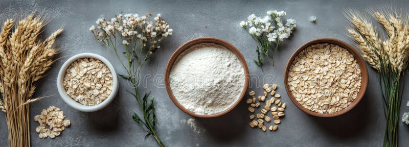 Flour and Wheat Grains Displayed with Flowers on a Blue Textured ...