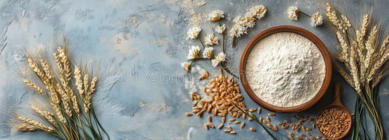 Flour and Wheat Grains Displayed with Flowers on a Blue Textured ...