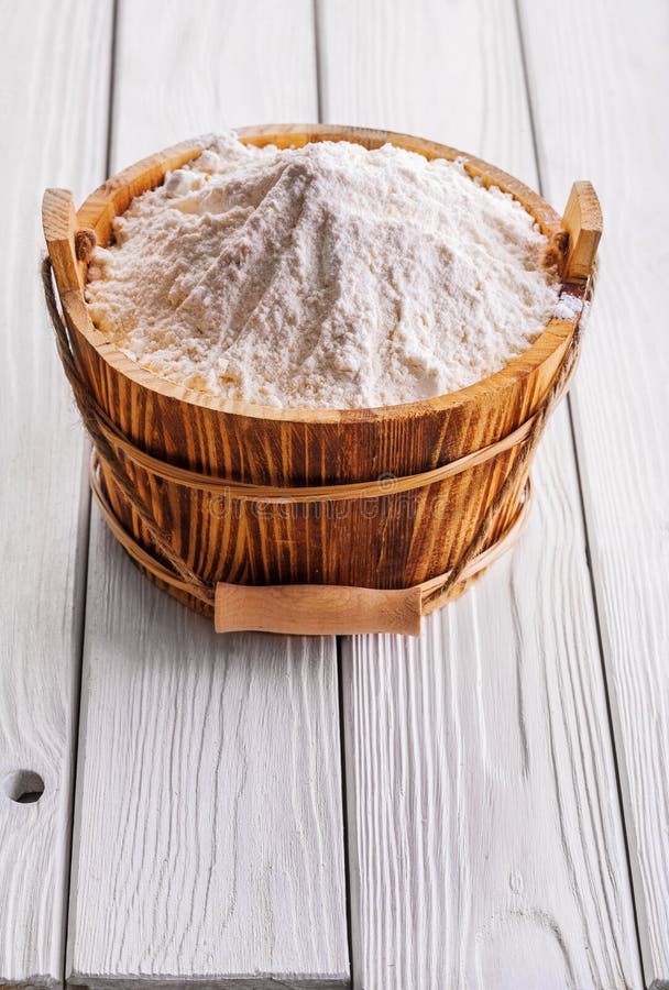 Flour in Wooden Bucket with Handle on Old White Stock Photo - Image of ...