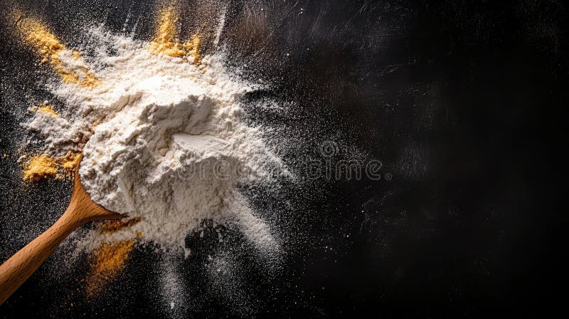 Flour and Wooden Spoon on Dark Surface with Spilled Powder and Dramatic ...