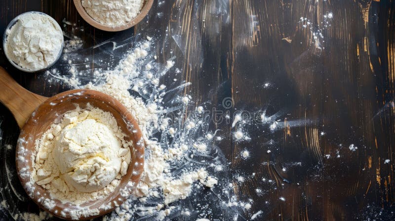Flour on Wooden Table with Kitchen Tools Stock Photo - Image of homey ...
