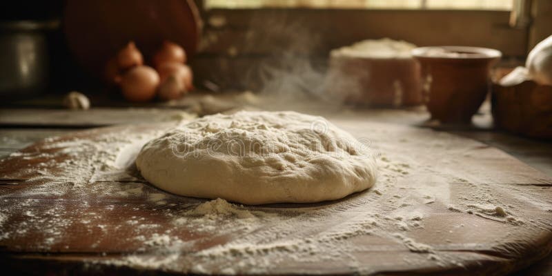 Floured Dough on Table, Flour in Air Stock Photo - Image of ingredients ...