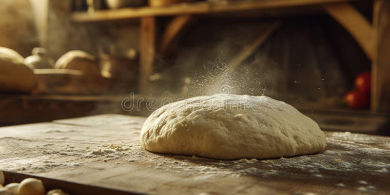 Floured Dough on Table, Flour in Air Stock Photo - Image of kneading ...