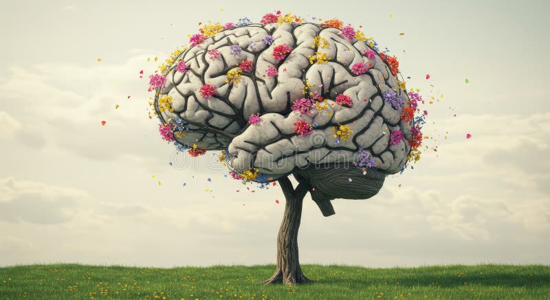 Flourishing Mind a Brain Tree in Bloom Positive Thinking Creativity ...