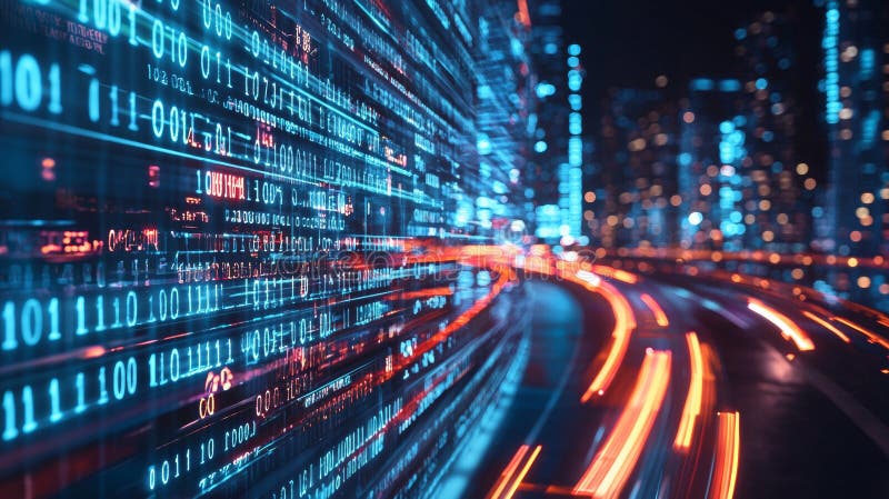 Flow of Binary Code and Light Trails in a Futuristic Digital City Stock ...