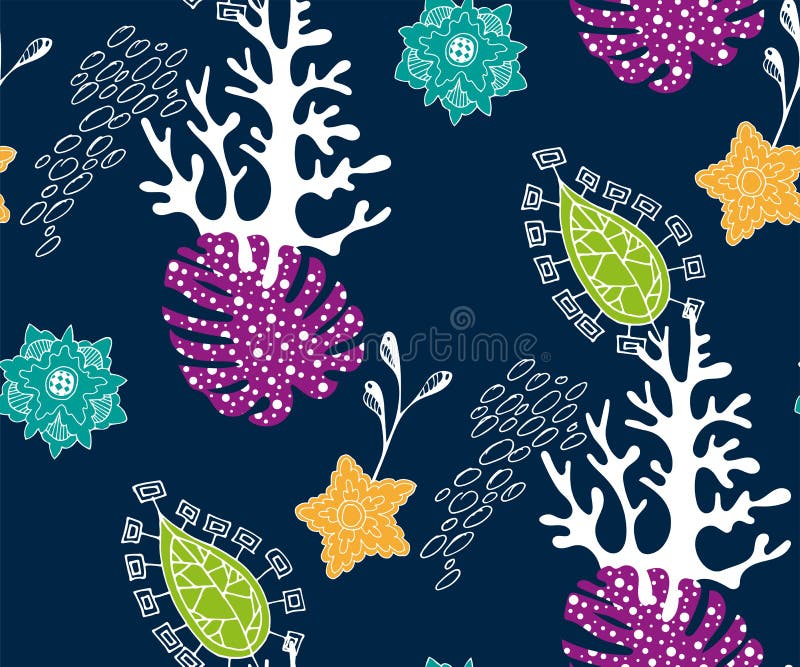 Hand Drawn Underwater Natural Ocean Elements. Seamless Pattern with ...