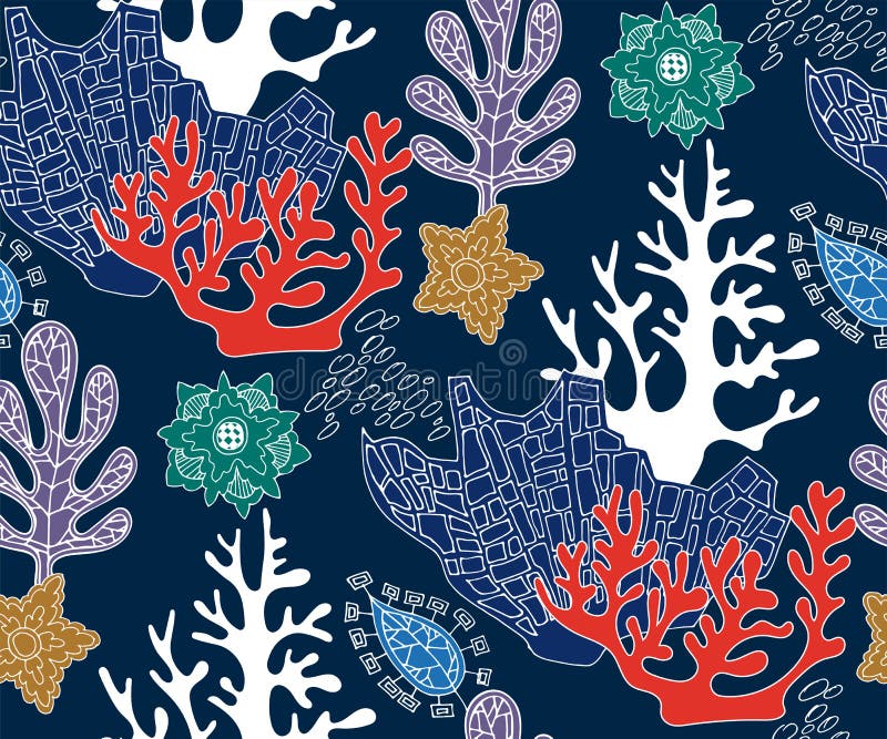 Hand Drawn Underwater Natural Ocean Elements. Seamless Pattern with ...
