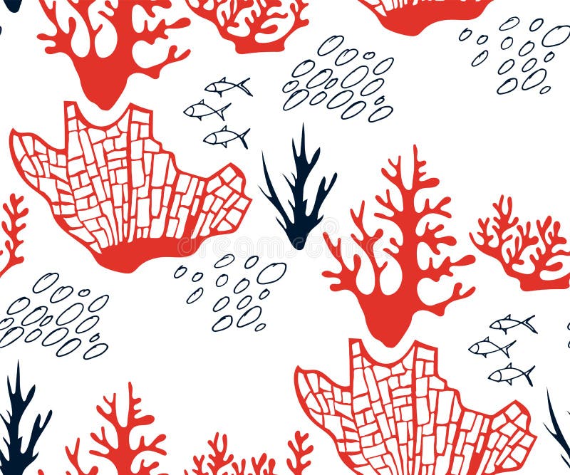 Hand Drawn Underwater Natural Ocean Elements. Seamless Pattern with ...